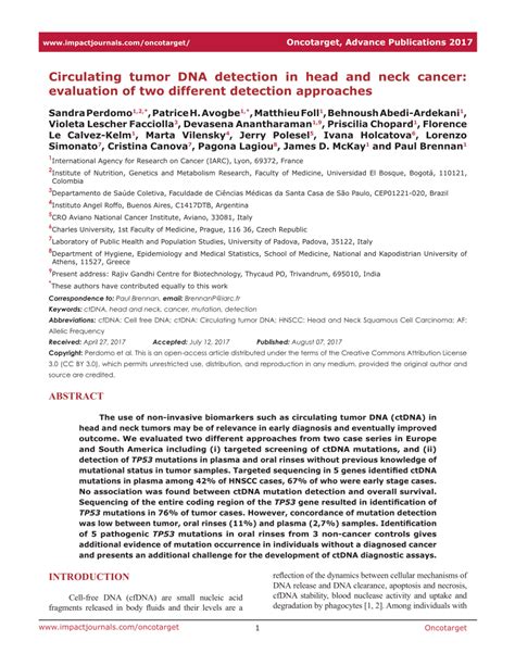 Pdf Circulating Tumor Dna Detection In Head And Neck Cancer Evaluation Of Two Different