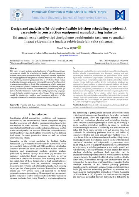 Pdf Design And Analysis Of Bi Objective Flexible Job Shop Scheduling