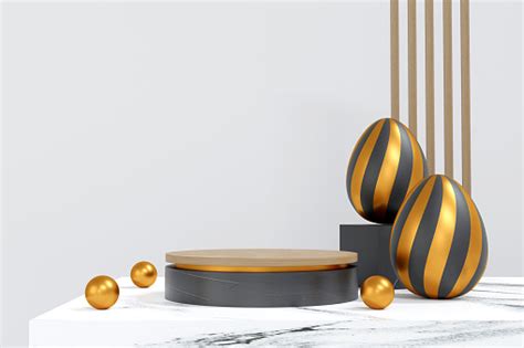검은 돌 연단 배경에 부활절 달걀과 황금 공 부활절 날 컨셉 장면 무대 쇼케이스 신제품 프로모션 세일 배너 프리젠 테이션 화장품 3d 일러스트레이션 기독교에 대한 스톡 사진