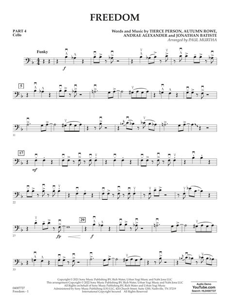 Freedom Arr Paul Murtha Pt4 Cello By Jon Batiste Sheet Music
