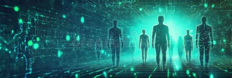 Exploring An Abstract Digital World With Human Silhouettes Amid Floating Matrix Code Generative