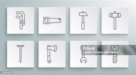 세트 라인 메탈릭 네일 핸드 톱 나무 도끼 렌치 스패너 나사 망치 썰매 망치와 클램프 도구 아이콘 벡터 갈고리 발톱에 대한 스톡 벡터 아트 및 기타 이미지 Istock