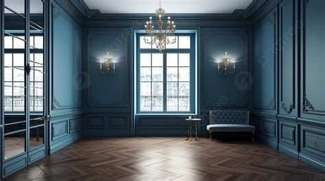 나무 바닥이 있는 우아한 파란색 방 3d 그림 겨울에는 고전적인 푸른 나무 판넬과 창문이 있는 거실 고화질 사진 사진 배경 일러스트 및 사진 무료 다운로드 Pngtree