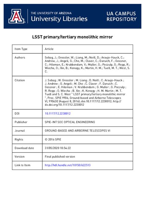 Pdf Lsst Primary Tertiary Monolithic Mirror