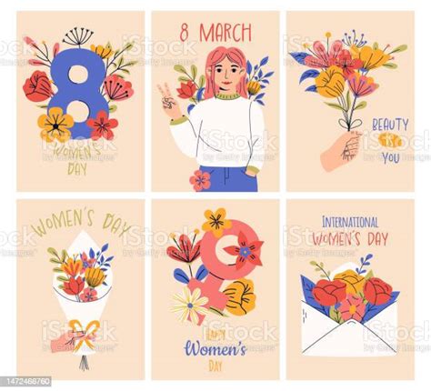 인사말 카드 또는 엽서 템플릿의 컬렉션입니다 3월 8일 세계 여성의 날 소녀의 힘 페미니즘 자매애 개념 International Womens Day에 대한 스톡 벡터 아트