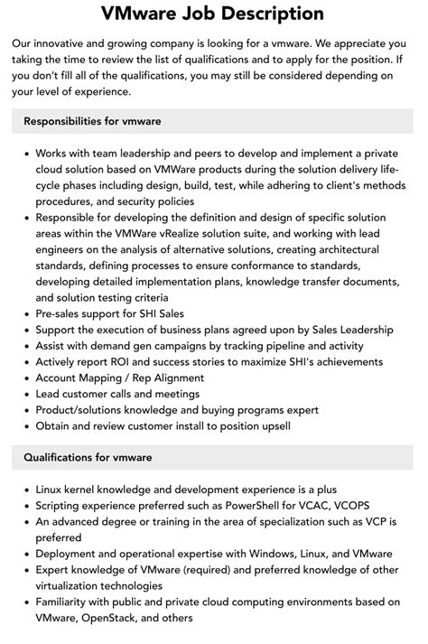 Vmware Job Description Velvet Jobs