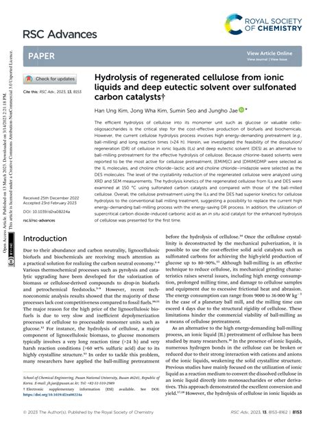 Pdf Hydrolysis Of Regenerated Cellulose From Ionic Liquids And Deep Eutectic Solvent Over
