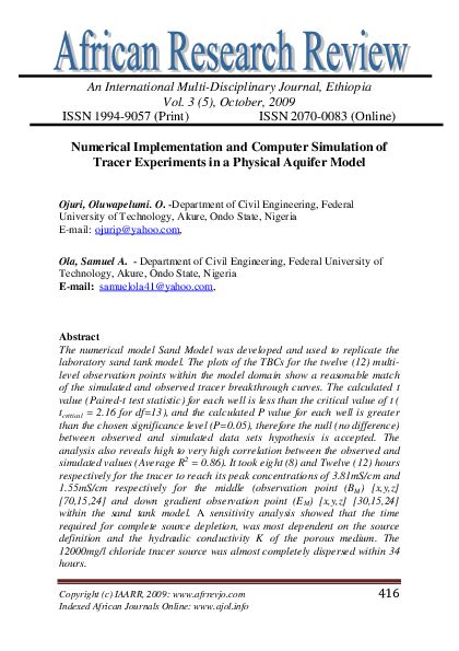 Pdf Numerical Implementation And Computer Simulation Of Tracer Experiments In A Physical