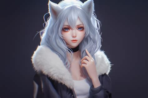Premium Ai Image Dreamy And Doll Like Girl With Cat Ears And Wihte Hoodie Cute Cartoon Concept