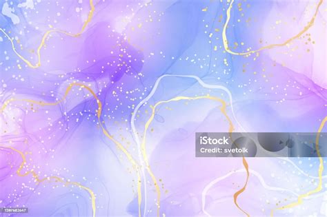 황금 선이있는 보라색 라벤더 액체 수채화 대리석 배경 파스텔 퍼리윙클 알코올 잉크 그리기 효과 웨딩 초대 메뉴 Rsvp에 대한 벡터 일러스트 디자인 템플릿 부드러움에 대한
