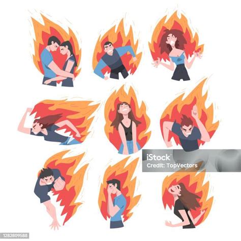 불타는 사람들 세트 불꽃에 스트레스 남자와 여자 소진 감정 문제 개념 만화 스타일 벡터 일러스트 남자에 대한 스톡 벡터 아트 및