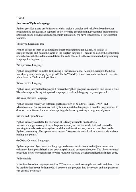 Python Unit1 Notes Unit Features Of Python Language Python