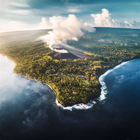 푸른 바다에 둘러싸인 화산섬 우뚝 솟은 화산과 그 주변을 감싸고 있는 울창한 숲 하늘을 가로지르는 흰 구름 섬의 해안선을 따라 펼쳐진 검은 모래 해변 섬 중앙에