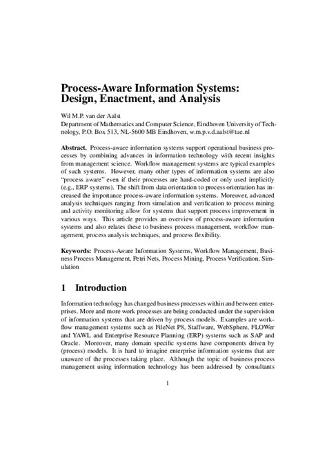 Pdf Process Aware Information Systems Design Enactment And Analysis