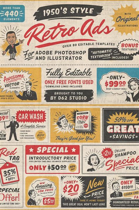 1950s Retro Style Ad Templates ポスターデザイン Pop デザイン レタリングデザイン