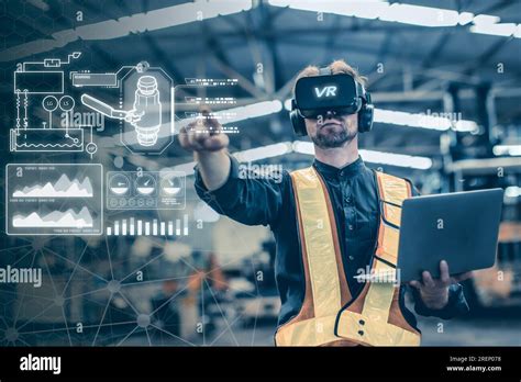 Engineer Male Using Vr Virtual Reality Technology In Modern Warehouse Factory New Innovation