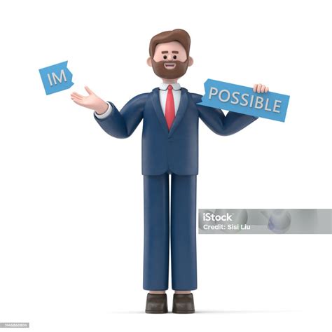 웃는 수염을 기른 미국 사업가 밥의 3d 삽화는 불가능이라는 단어로 보드를 부수고 흰색 배경에 렌더링3d 가능한이라는 단어를 얻었습니다 가공의 인물에 대한 스톡 사진 및