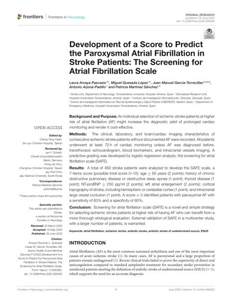 Pdf Development Of A Score To Predict The Paroxysmal Atrial Fibrillation In Stroke Patients