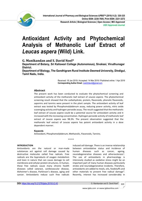 Pdf Antioxidant Activity And Phytochemical Analysis Of Methanolic