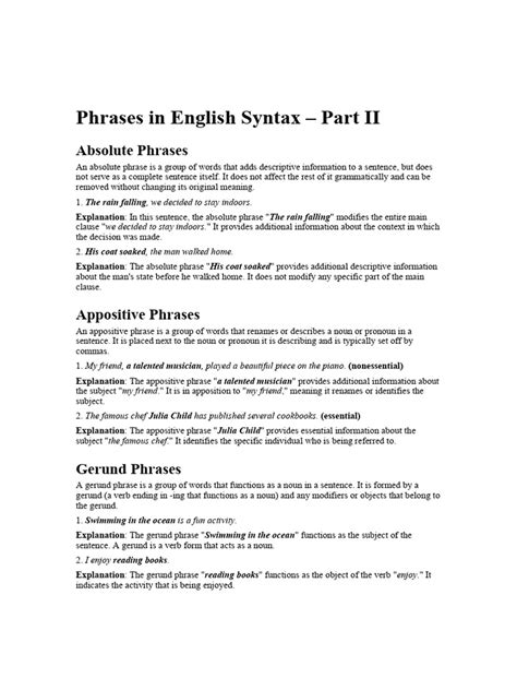 Phrases In English Syntax Part Ii Pdf Verb Adjective