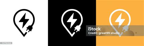 전력 아이콘입니다 전원 기호 전기 플러그 이미지 조합이 있는 핀 맵 내부의 번개 섬광 벡터 스톡 그림입니다 검은 흰색과 노란색 배경의 색상입니다 가상현실에 대한 스톡 벡터