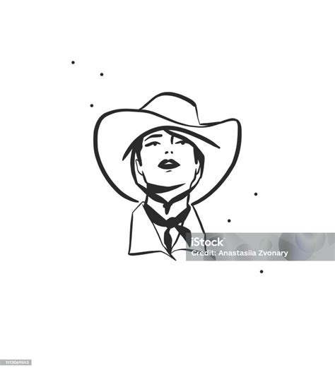 손으로 그린 추상 벡터 그래픽 클립 아트 일러스트 보호 카우걸 모자 초상화 서양 여성 디자인 개념 보헤미안 야생 서부 현대 미술