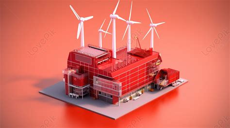 빨간색 배경에 풍력 터빈과 태양광 패널을 갖춘 태양광 발전 발전소의 3d 모델 상단 및 측면 보기 3d 식물 배경 양광 배경 3d 모델 배경 이미지 Hd 3d
