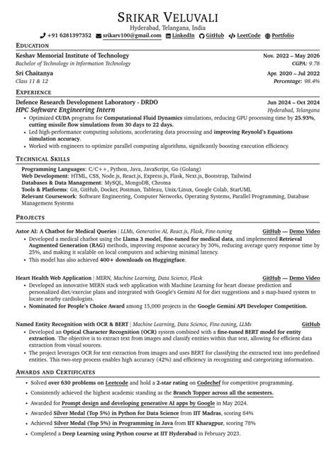 Srikar Veluvali S Resume Pdf Optical Character Recognition Machine Learning