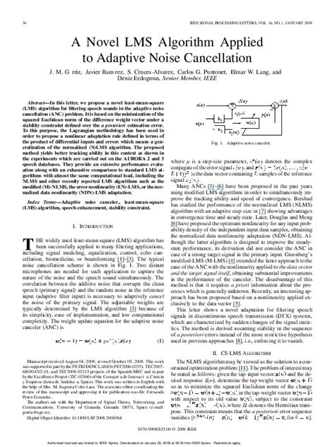 pdf a novel lms algorithm applied to adaptive noise cancellation