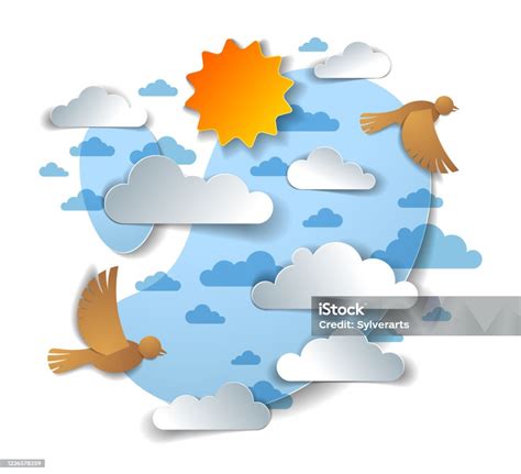 아름다운 구름과 태양 여름 구름 종이 컷 아이 스타일에 벡터 일러스트 레이션 사이에 하늘에 비행 새 3차원 형태에 대한 스톡 벡터 아트 및 기타 이미지 Istock