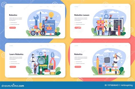 Robotics School Subject Mobile Application Banner Set Robot Vector Illustration Cartoondealer