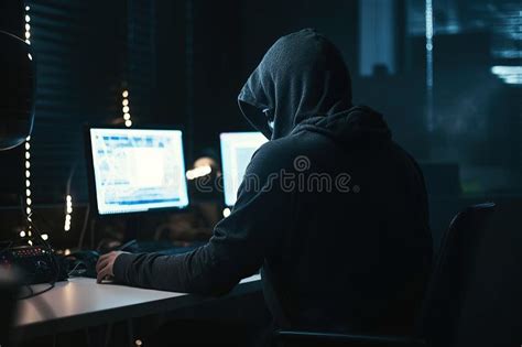 Hacker In Dark Room With Computer Screens At Night Stock Illustration