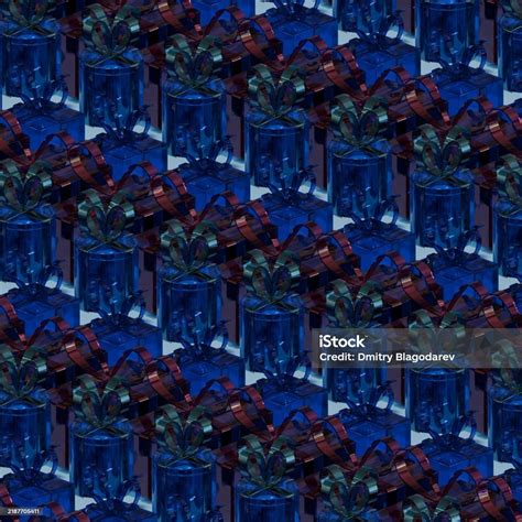 리본으로 장식 된 유리 파란색 선물 상자 패턴입니다 휴일 크리스마스 또는 새해를 주제로 한 3d 렌더링 배경 그림 3차원 형태에 대한 스톡 사진 및 기타 이미지 Istock