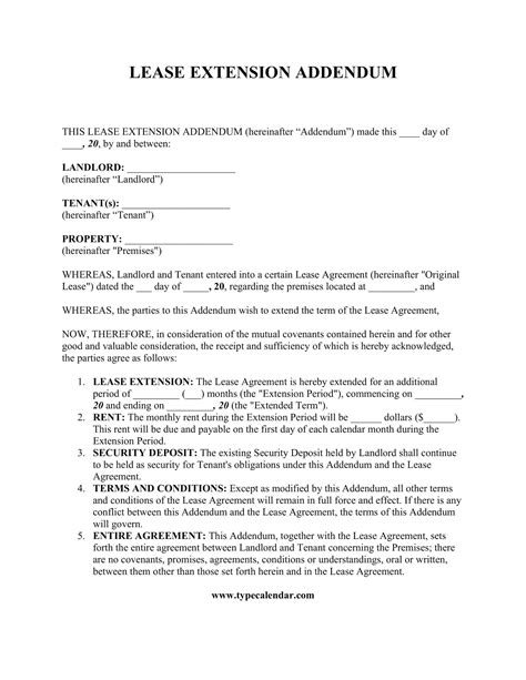 Free Printable Lease Extension Addendum Templates Pdf Word