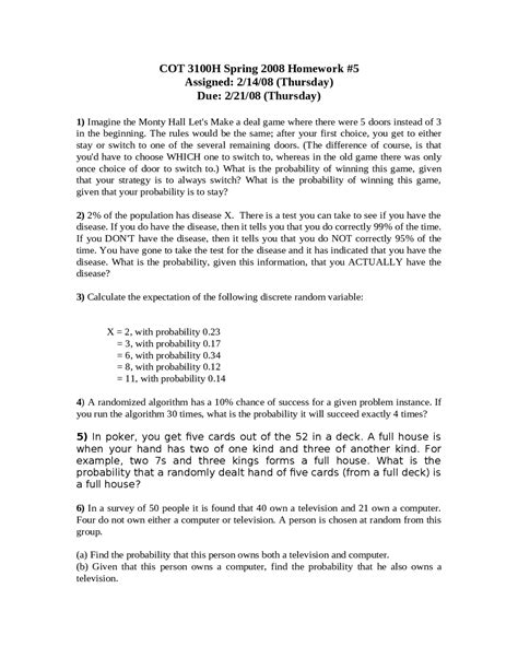 Homework 5 For Monty Hall Introduction To Discrete Structures Cot 3100 Docsity