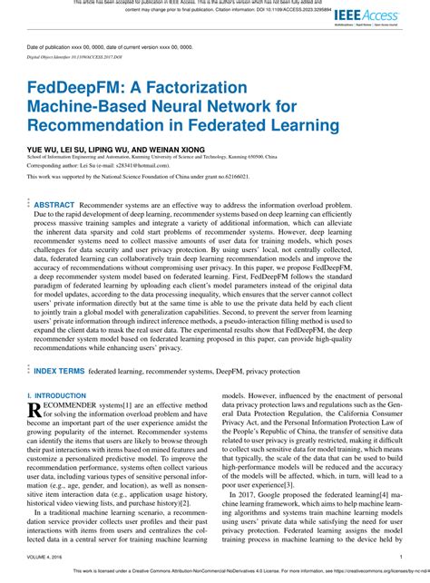 Pdf Feddeepfm A Factorization Machine Based Neural Network For