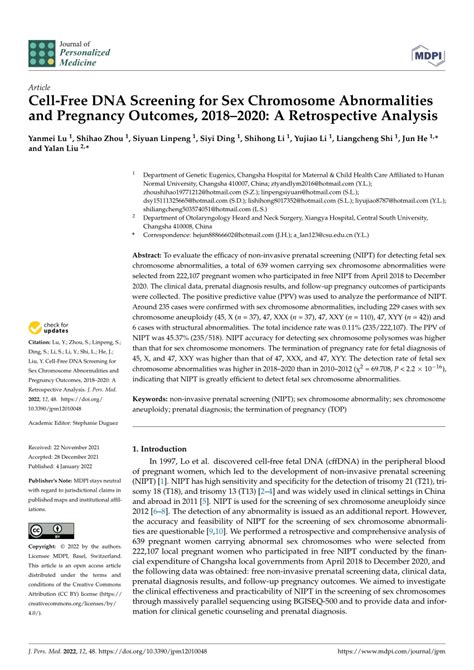 PDF Cell Free DNA Screening For Sex Chromosome Abnormalities And Pregnancy Outcomes 20182020