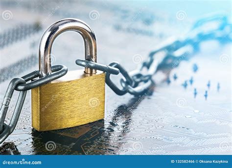 Padlock With Chain On Electronic Printed Circuit Board It Internet