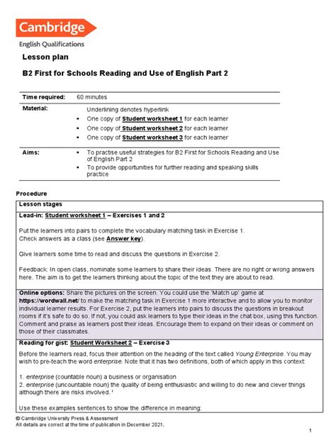 Cambridge English B2 First For Schools Reading And Use Of English Part