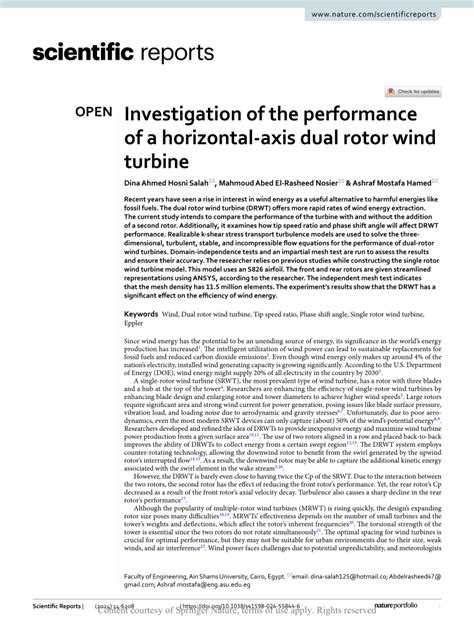 Pdf Investigation Of The Performance Of A Horizontal Axis Dual Rotor Wind Turbine