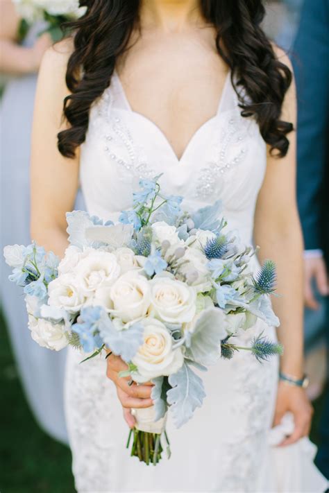 Pale Blue Delphinium Thistle And Dusty Miller Bouquet Bridal Bouquet