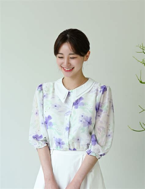 [오픈특가 여리핏] 보라꽃 이중카라 크롭 셔링 블라우스 에이블리