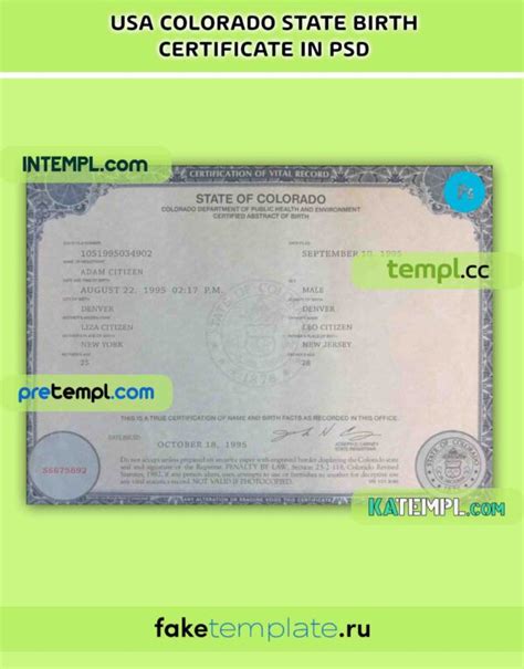 Usa Colorado State Birth Certificate Psd Download Template