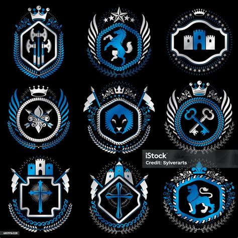 벡터 빈티지 전령 코트 의 팔 디자인 수상 스타일 중세 타워 무기고 왕실 왕관 별 및 기타 그래픽 디자인 요소 컬렉션입니다 중세에 대한 스톡 벡터 아트 및 기타 이미지