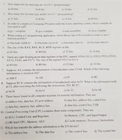 solved 1 how many bits for data type int in c c