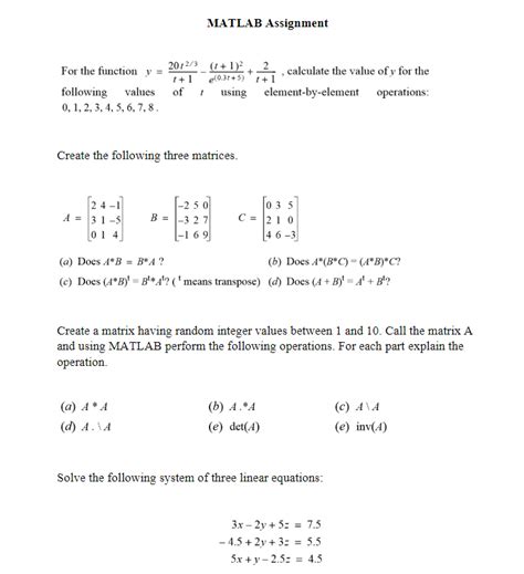 solved matlab assignment for the function y following