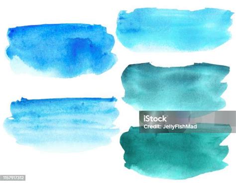 수채화 얼룩 세트 흰색 배경에 있는 지점입니다 브러시 스트로크가 있는 수채화 텍스처 블루 청록색 바다 하늘 격리 벡터 0명에 대한 스톡 벡터 아트 및 기타 이미지 Istock