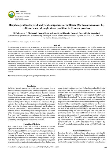 Pdf Wfl Publisher Morphological Traits Yield And Yield Components Of Safflower Carthamus
