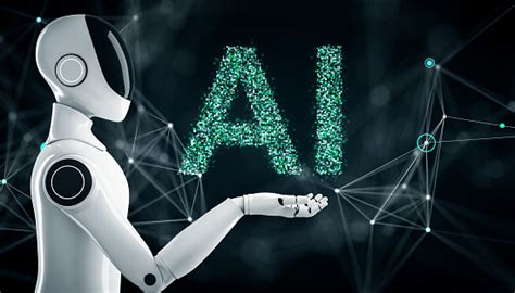 미래 지향적인 검은색 배경 개념으로 빛나는 입자와 신경망 연결이 있는 Ai 텍스트를 제시하는 로봇 3d 렌더링 0명에 대한 스톡 사진 및 기타 이미지 Istock