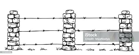 검은 윤곽선으로 손으로 그린 간단한 벡터 드로잉 농촌 농장 울타리 현장 보호 돌 기둥 철조망기둥 잔디 보안 입국 금지 잉크 스케치 울타리에 대한 스톡 벡터 아트 및 기타